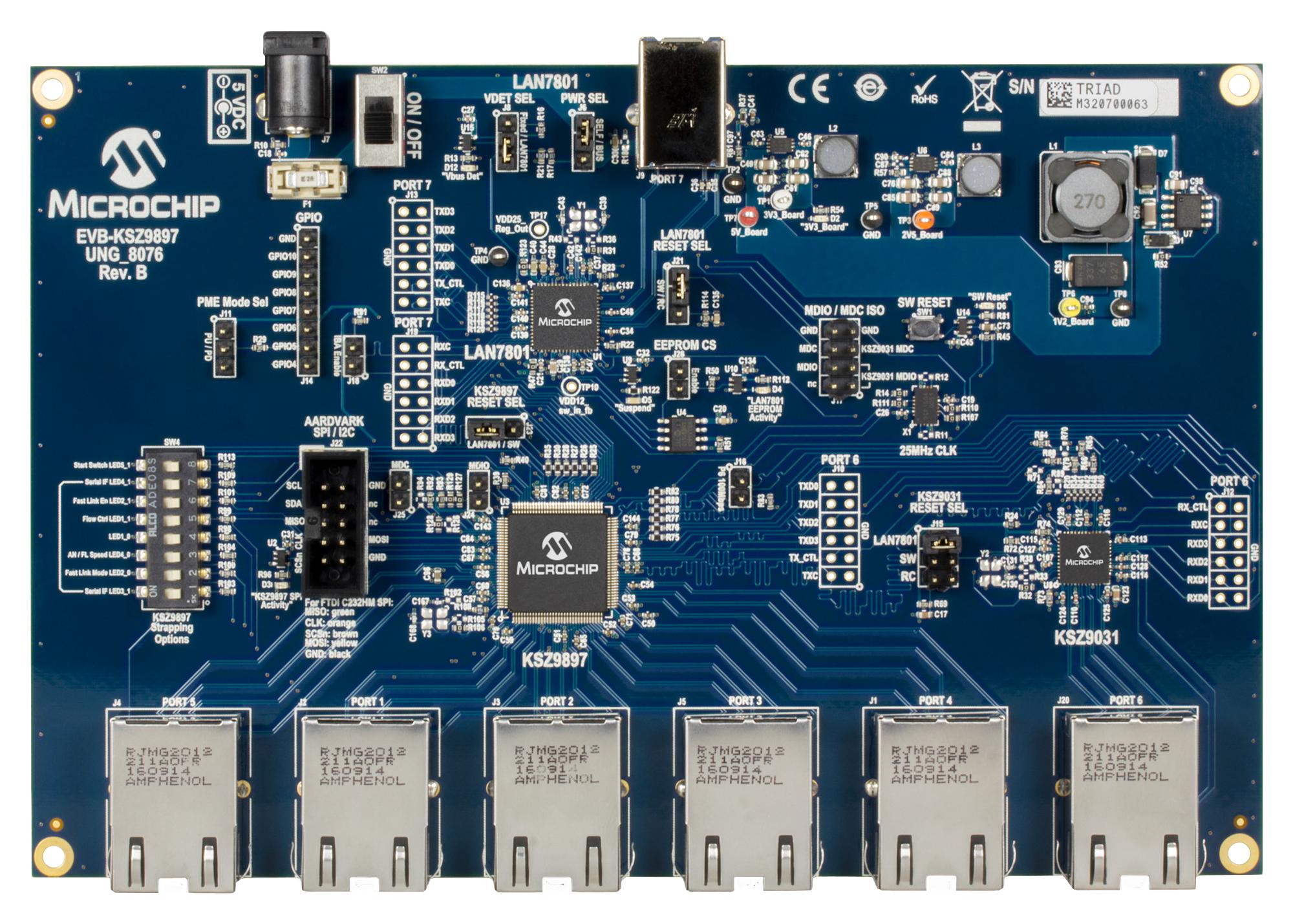 EVB-KSZ9897-1 - Microchip - Evaluation Board, KSZ9897 Gigabit Ethernet Switch, 6 X RJ45 Ports